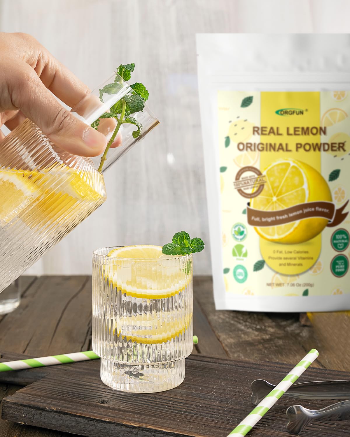 ORGFUN Original Lemon Powder Made with Real Lemons, Freeze Dried Juice Powder, Strong Fresh Lemon Flavor Great for Beverages, Smoothies, Baking 7.06 Oz