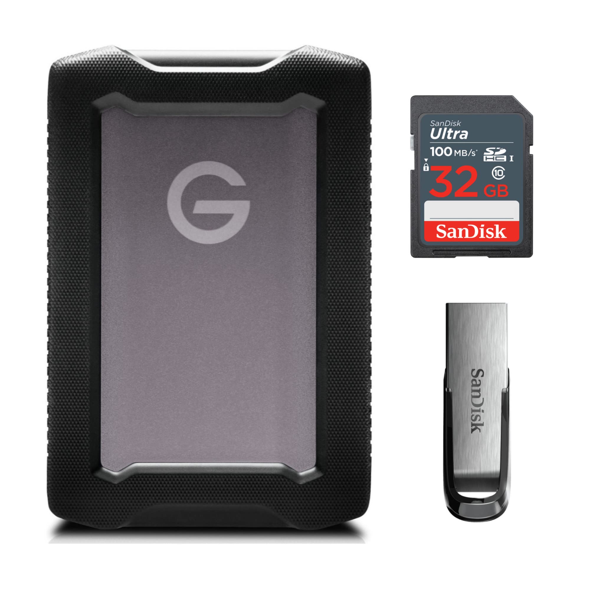 SanDisk Professional G-Drive ArmorATD 2TB Rugged Portable Hard Drive (Space Gray) Bundle with 32GB Flash Drive and 32GB Memory Card (3 Items)