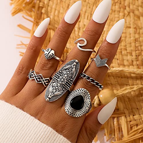Octwine Boho Silver Leaf Knuckle Open Ring Set Vintage Stackable Black Midi Finger Rings Set Stacking Ring Jewelry for Women Girls 7Pcs