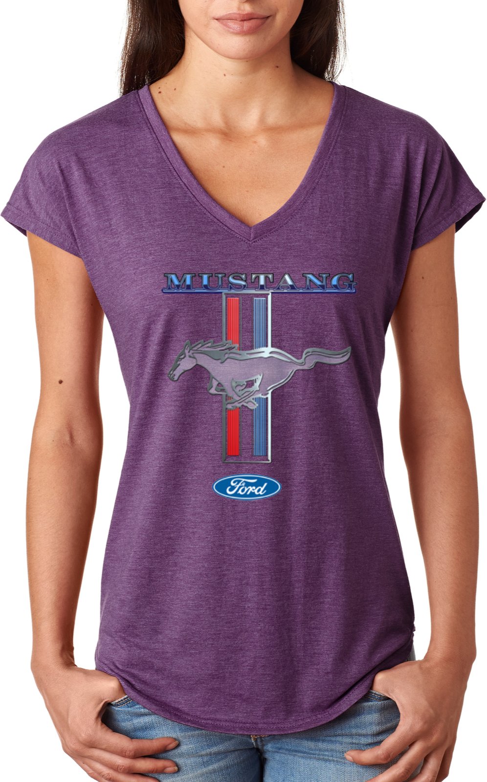 Ladies Ford Mustang T-Shirt Stripe Triblend V-Neck