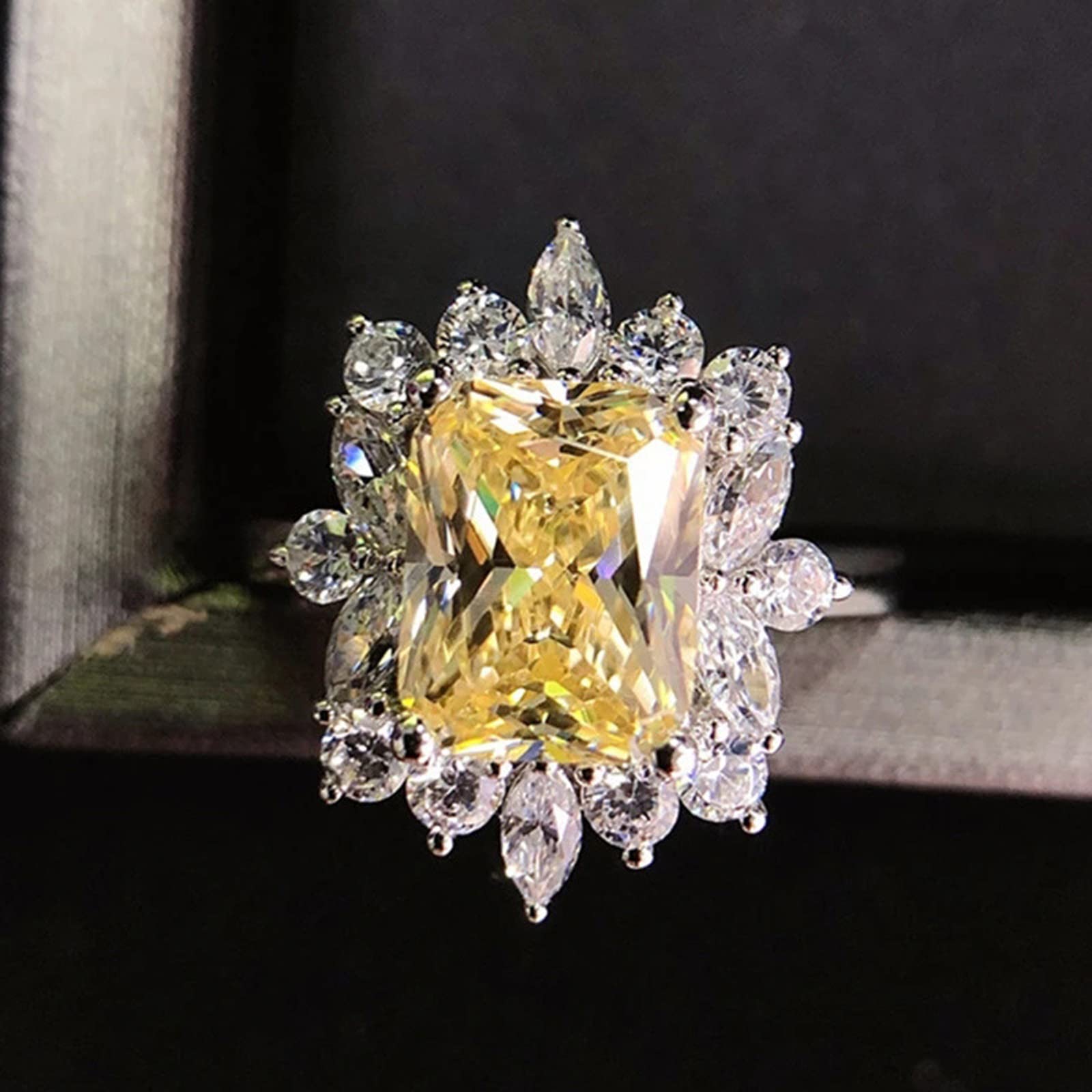 Psiroy 925 Sterling Silver Plated Dainty Halo Engagement Ring Created Citrine CZ Wedding Ring for Women Size 10