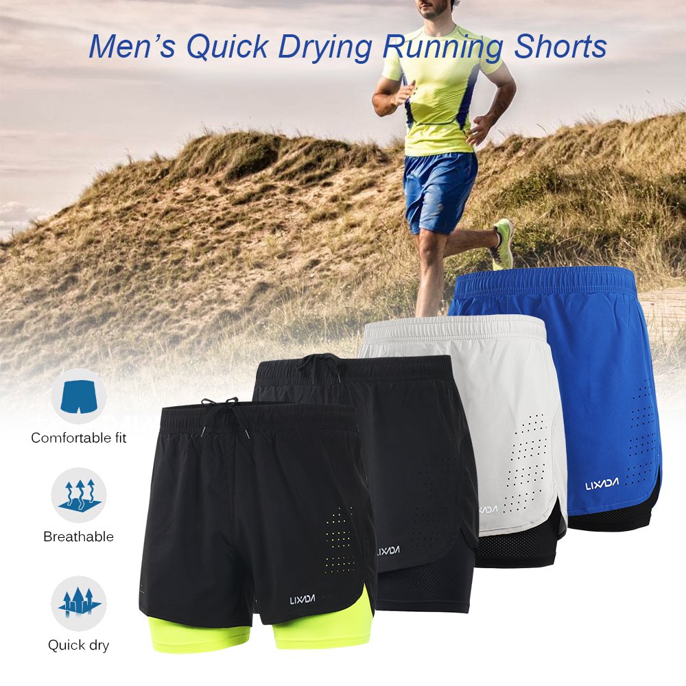 LIXADA Men's 2-in-1 Running Shorts Quick Drying Breathable Active Training Exercise Jogging Cycling Shorts (Black, L)