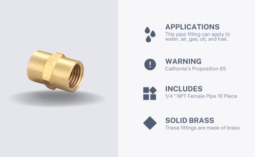 T TANYA HARDWARE Pipe Fitting and Air Hose Fitings, Hex Nipple Coupling Set - 1/4-Inch NPT x 1/4-Inch NPT,Solid Brass, Female Pipe- 10 Piece