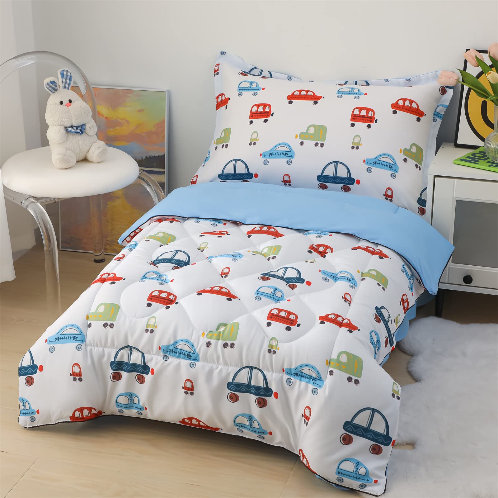 VINILITE 4 Piece Toddler Bedding Set Cars Standard Size Children Comforter Set Ultra Soft Includes Quilted Comforter, Fitted Sheet, Flat Sheet, and Pillow Case for Kids Boys, 28" x 52"