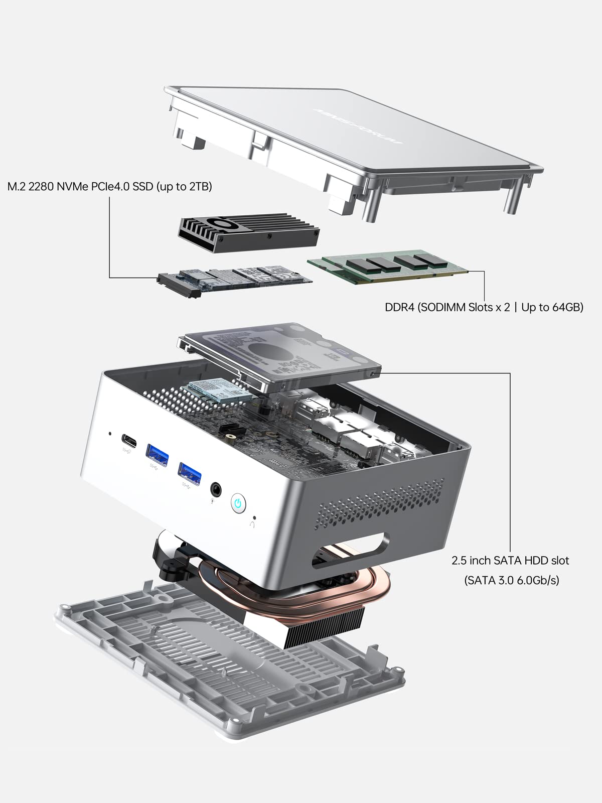 MINISFORUM Mini PC N40 Fanless Celeron N4020 (up to 2.8GHz) with 4GB DDR4/64GB eMMC Mini Computers HDMI 2.0 and VGA Port 2.4/5.8G WiFi BT4.2 3xUSB3.0, NGFF 2242 SSD Auto Power On Small PC