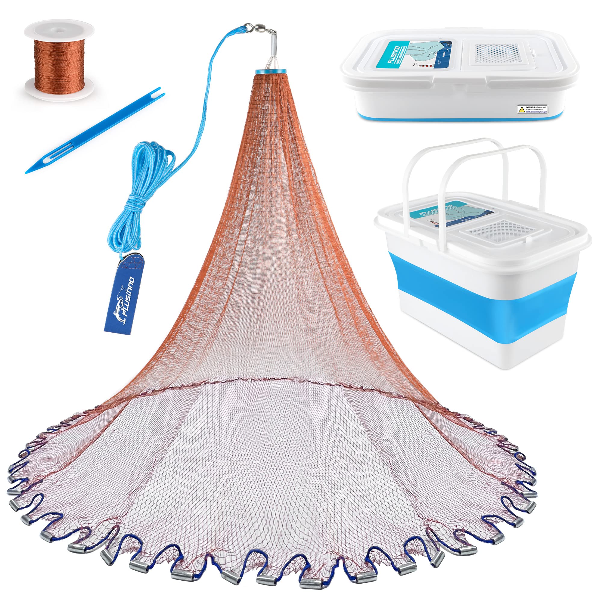 PLUSINNO Fishing Cast Net with Foldable Bucket, 3/8 Inch Mesh Size Cast Nets for Fishing, 4ft/5ft/6ft/7ft Radius Fish Casting Net Freshwater Saltwater, Heavy Duty Throw Casting Nets for Bait Fish