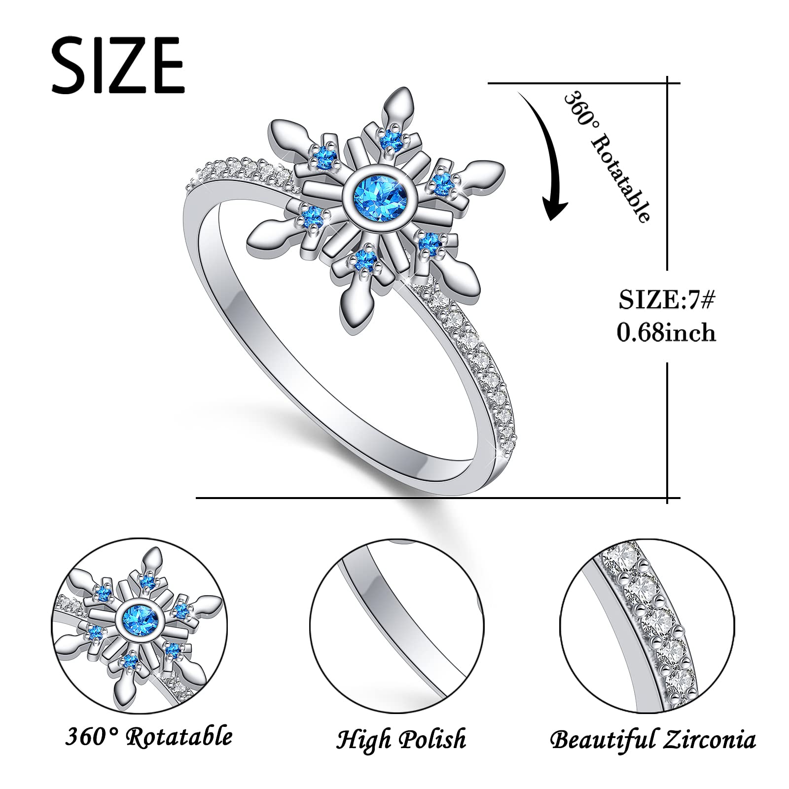 S925 Sterling Silver Spinner Snowflake Fidget Anxiety Worry Relieving Boredom ADHD Autism Band Rings Jewelry Women Men
