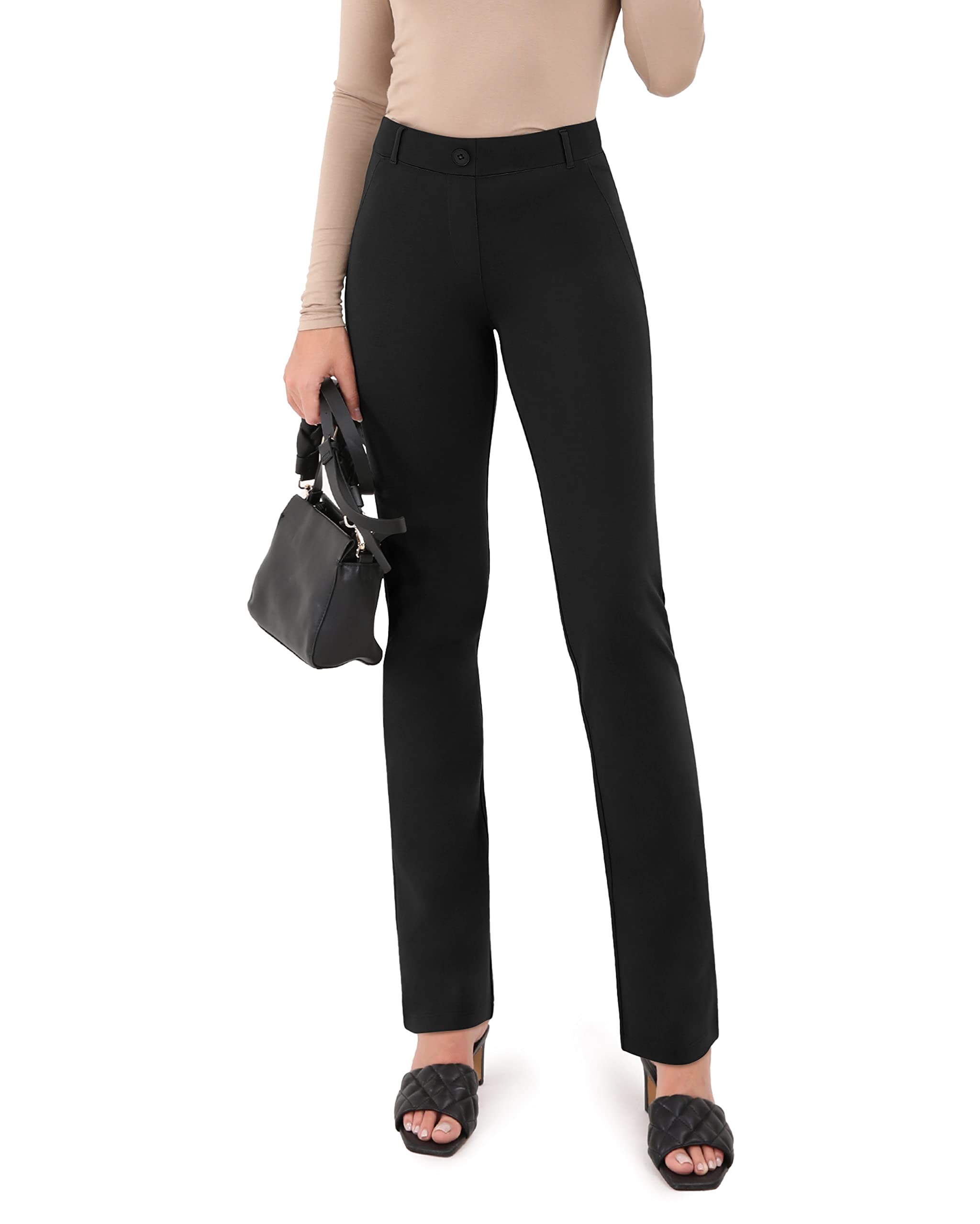 ODODOS Women's Straight Leg Thick Classic Dress Pants Office Slacks Business Casual Work Pants-29 Inseam, Black, Small