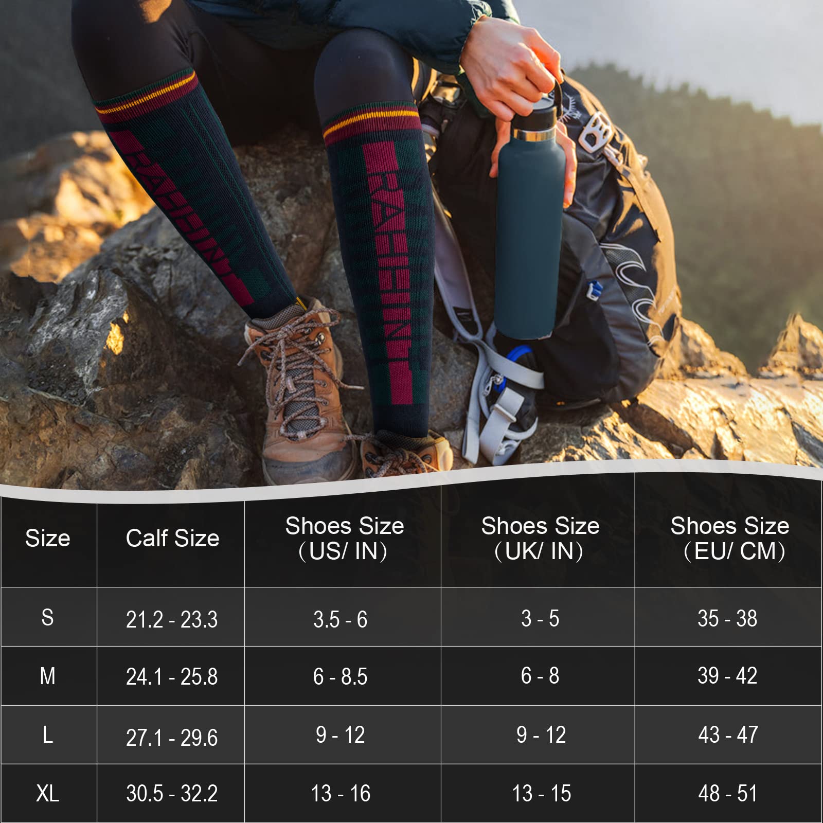 Rahhint Merino Wool Ski Socks 2-Pack, Compression Knee High Thermal Socks Womens Mens for Skiing Snowboarding Cold Weather