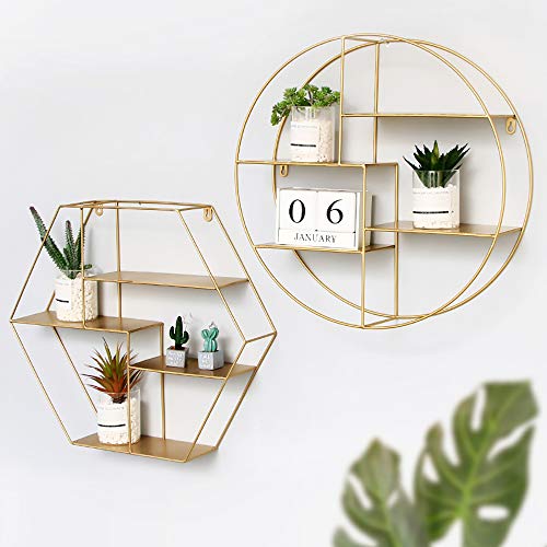 LITA Wrought Iron Wall Shelf Sofa Background Wall Decoration Metal Wall Hanging Decor (Round, Gold)
