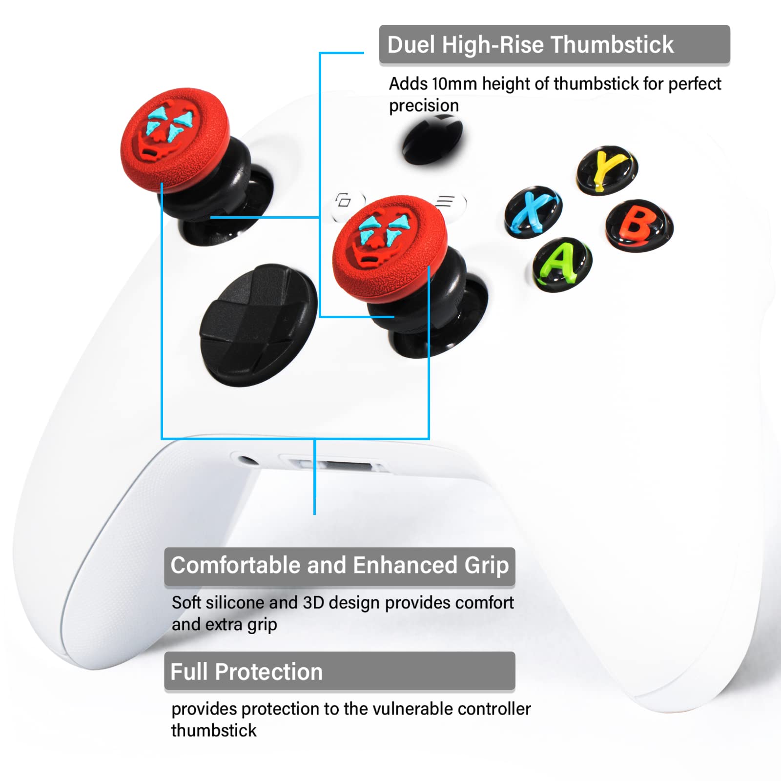 Playrealm FPS Thumbstick Extender &Texture Rubber Silicone Grip Cover 4 Sets for Xbox Series X/S & Xbox One Controller(Joker Red+Orange)