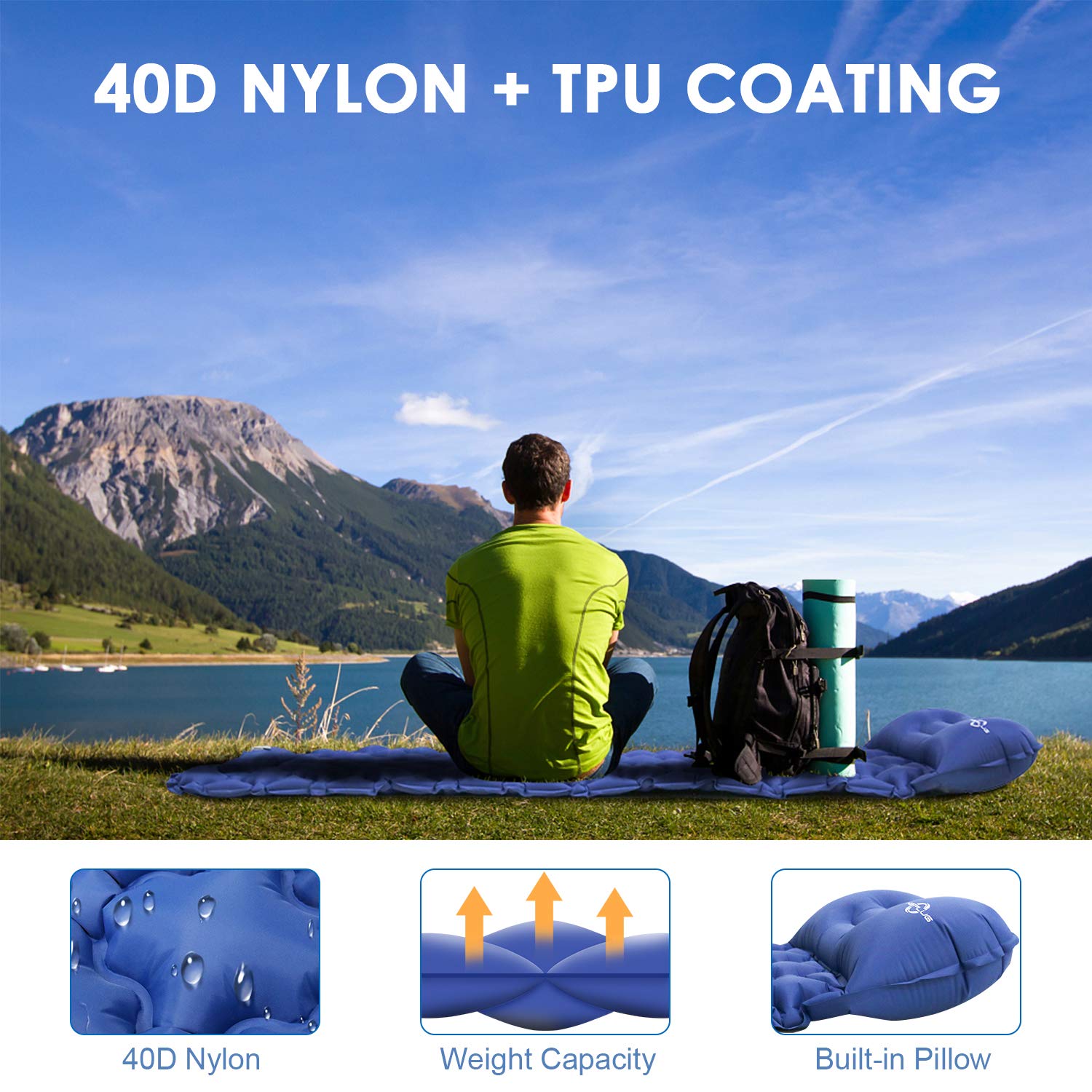 KEPLUG Inflatable Sleeping Pad for Camping, Ultralight Waterproof Sleeping Mat w/Pillow, Foot Pump Quick Inflation & Deflation, Thick Air Mattress for Backpacking Hiking Tent Travel - Blue