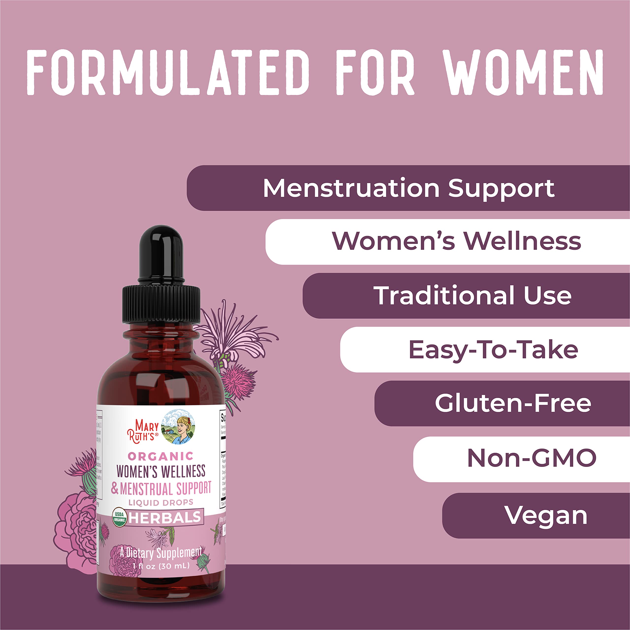 MaryRuth Organics USDA Organic Women's Wellness Liquid Herbal Supplements | Includes Stinging Nettle, Raspberry Leaf, Eleuthero Root, Chaste Tree Berry | Menstrual Support | Non-GMO, Vegan