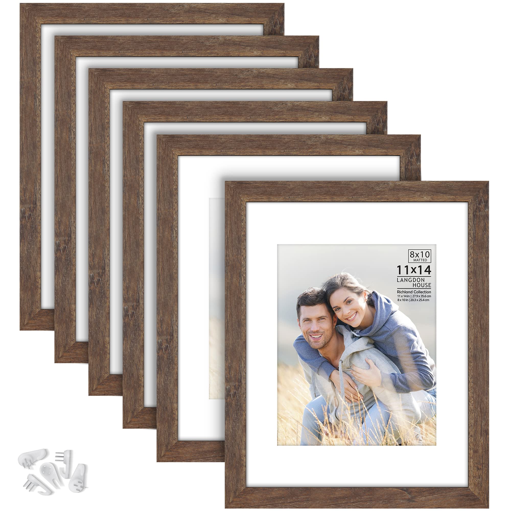 Langdon House 11x14 Picture Frames w/Mat to 8x10 (Rustic Brown, 6 Pack) Traditional Wood-Like Photo Frames for Any Décor Style, Richland Collection