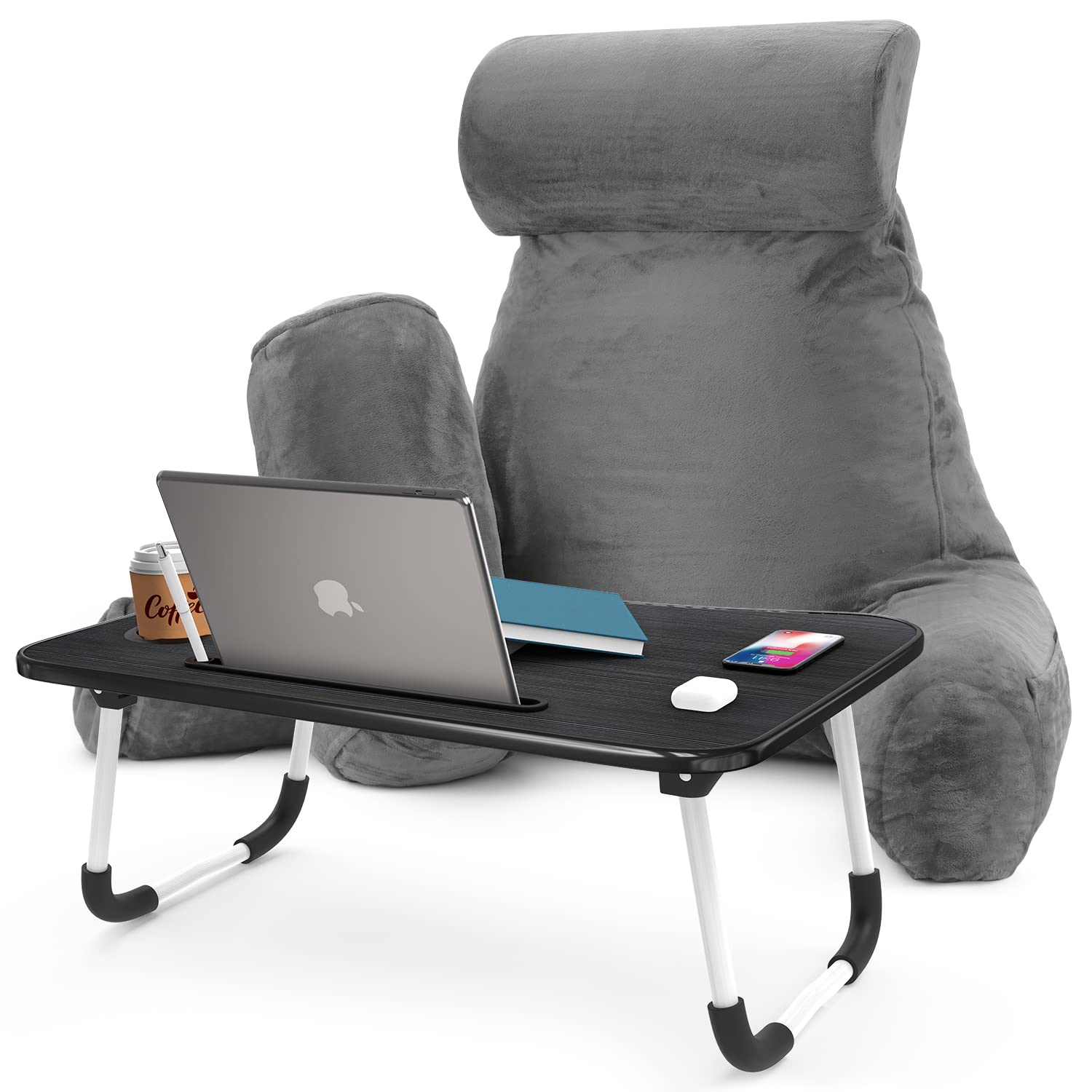 Nestl Reading Pillow with Portable Laptop Lap Desk, Velvet Feel Back Pillow for Sitting in Bed, Shredded Memory Foam Back Support Pillow for Bed, Bed Rest Pillow with Arms, Large - Gray