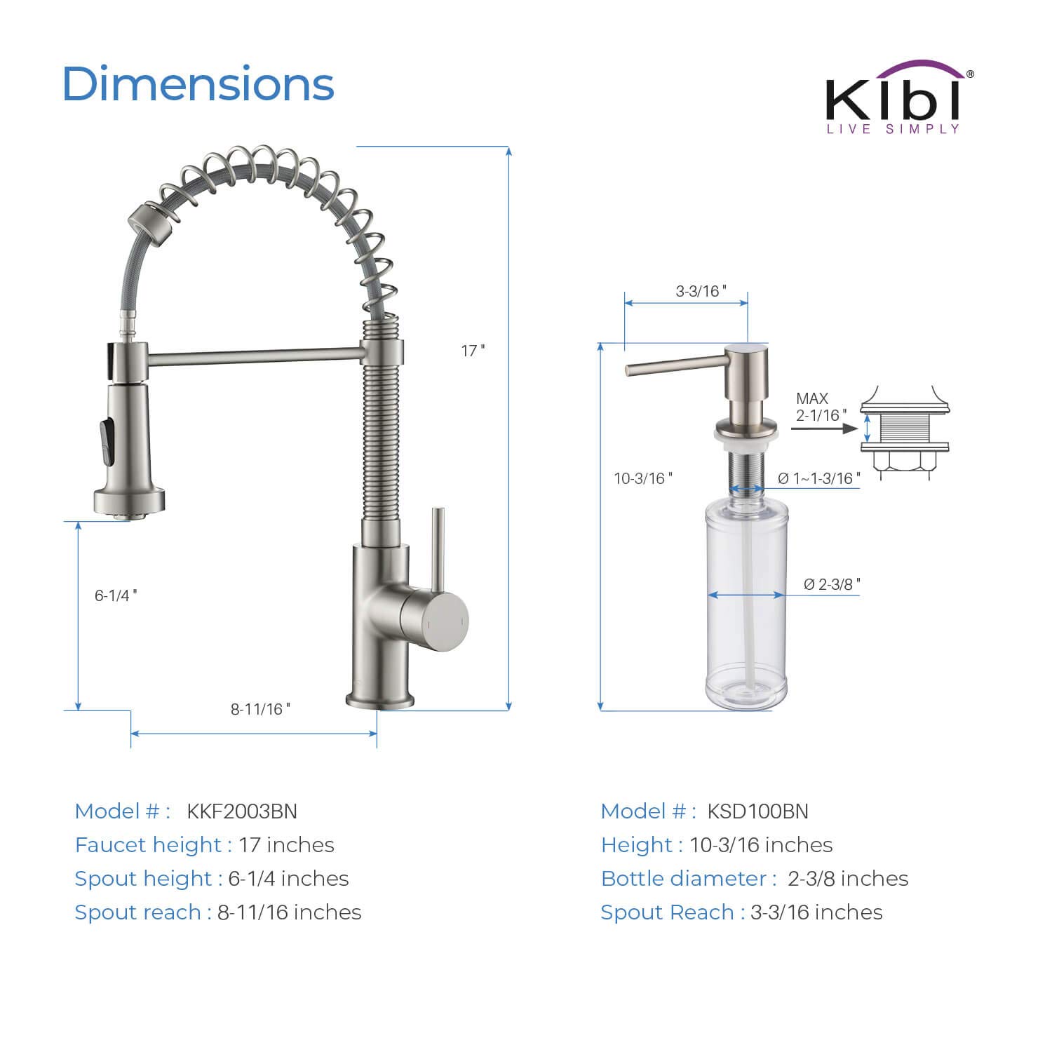 KIBI Aurora Single Handle Spring Pull Down Faucet for Kitchen Sink | Solid Brass High Arc Faucet Spout | Kitchen Faucet with Pull Down Sprayer (Brushed Nickel) (KKF2003) (Soap Dispenser included)