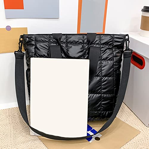 Shoulder Bag for School Women's Bags Solid Color Plaid Quilted Bag Large Capacity Zipper Nylon Shoulder (Blue, One Size)