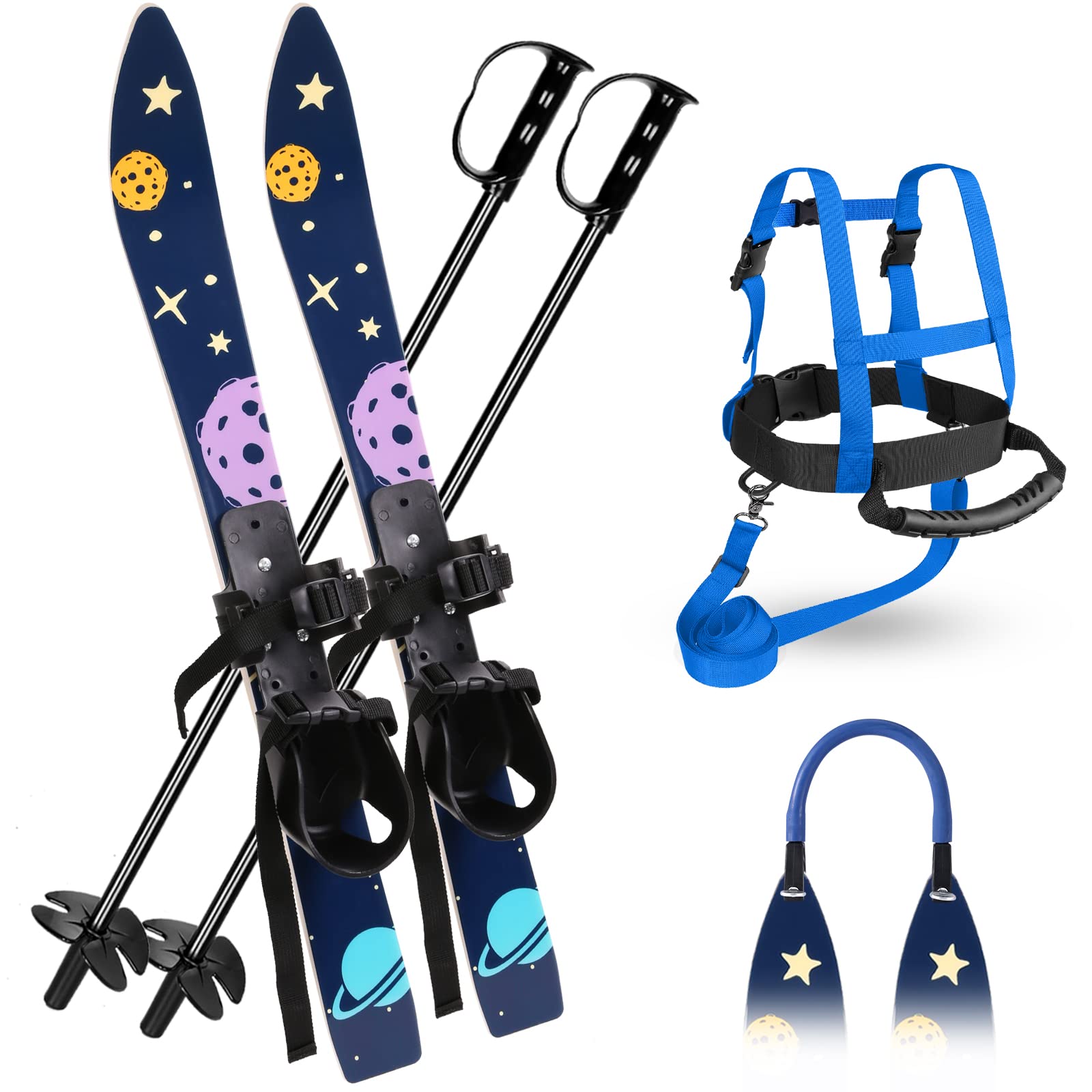 Odoland 4-in-1 Kid's Beginner Snow Skis with Poles, Training Harness and Ski Tip Connector, Low-Resistant Ski Boards for Age 4 and Under, Toddler Skiing Harness with Removable Leash, Dark Blue