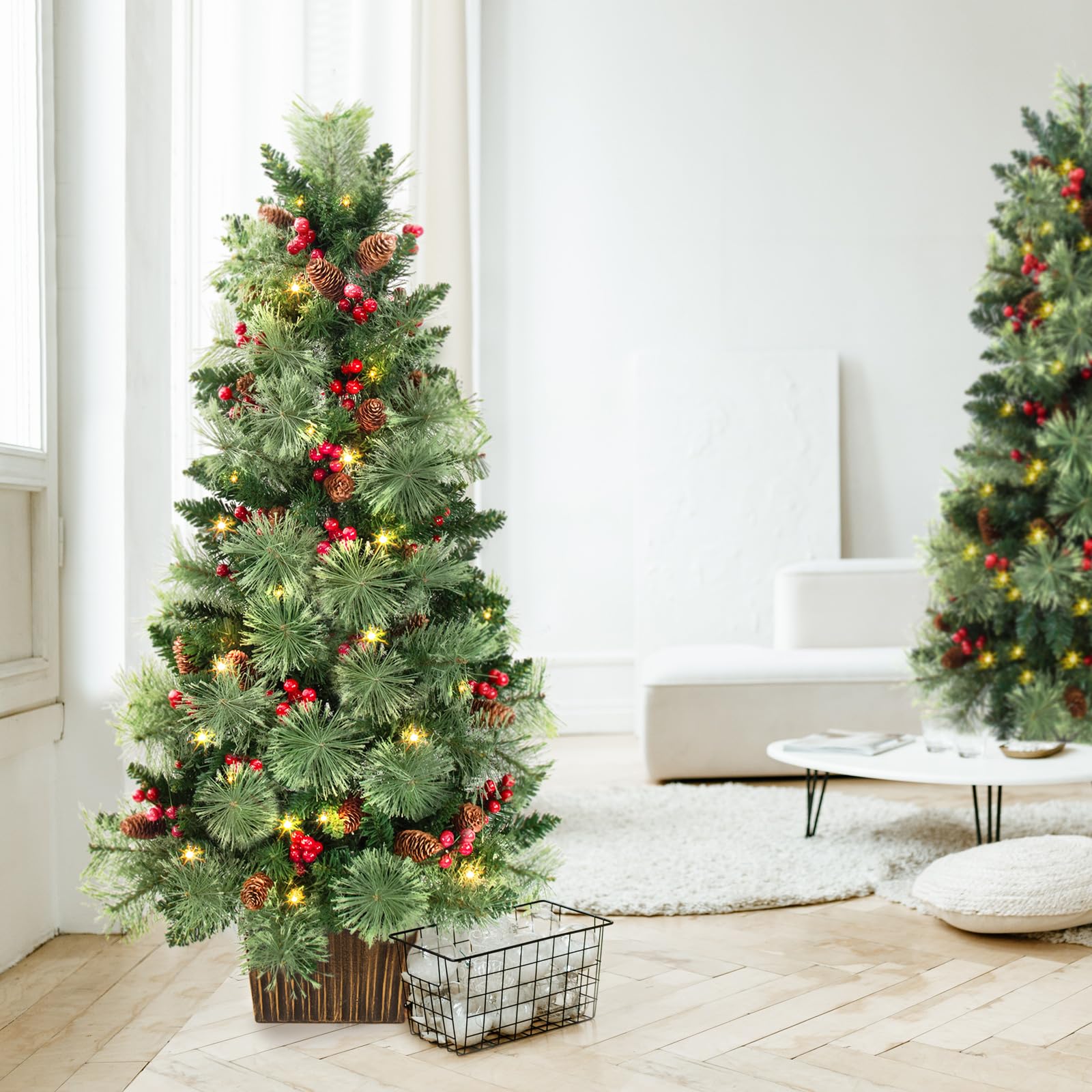 LAVEVE 4FT Pre-lit Christmas Tree Set of 2, 100 Warm White Lights|8 Modes & Timer| Waterproof Battery Box, Festive Berries & Pinecones