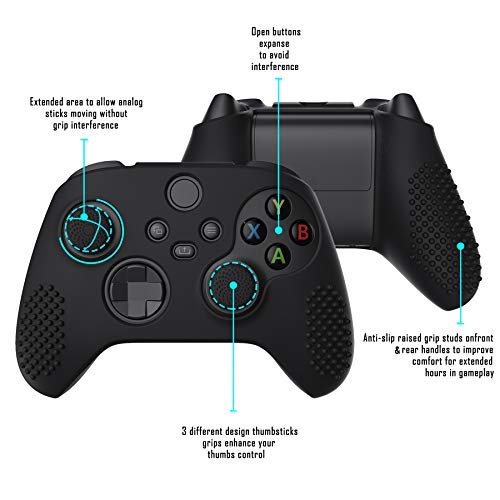 PlayVital Black 3D Studded Edition Anti-Slip Silicone Cover Skin for Xbox Series X Controller, Soft Rubber Case Protector for Xbox Series S Controller with 6 Black Thumb Grip Caps