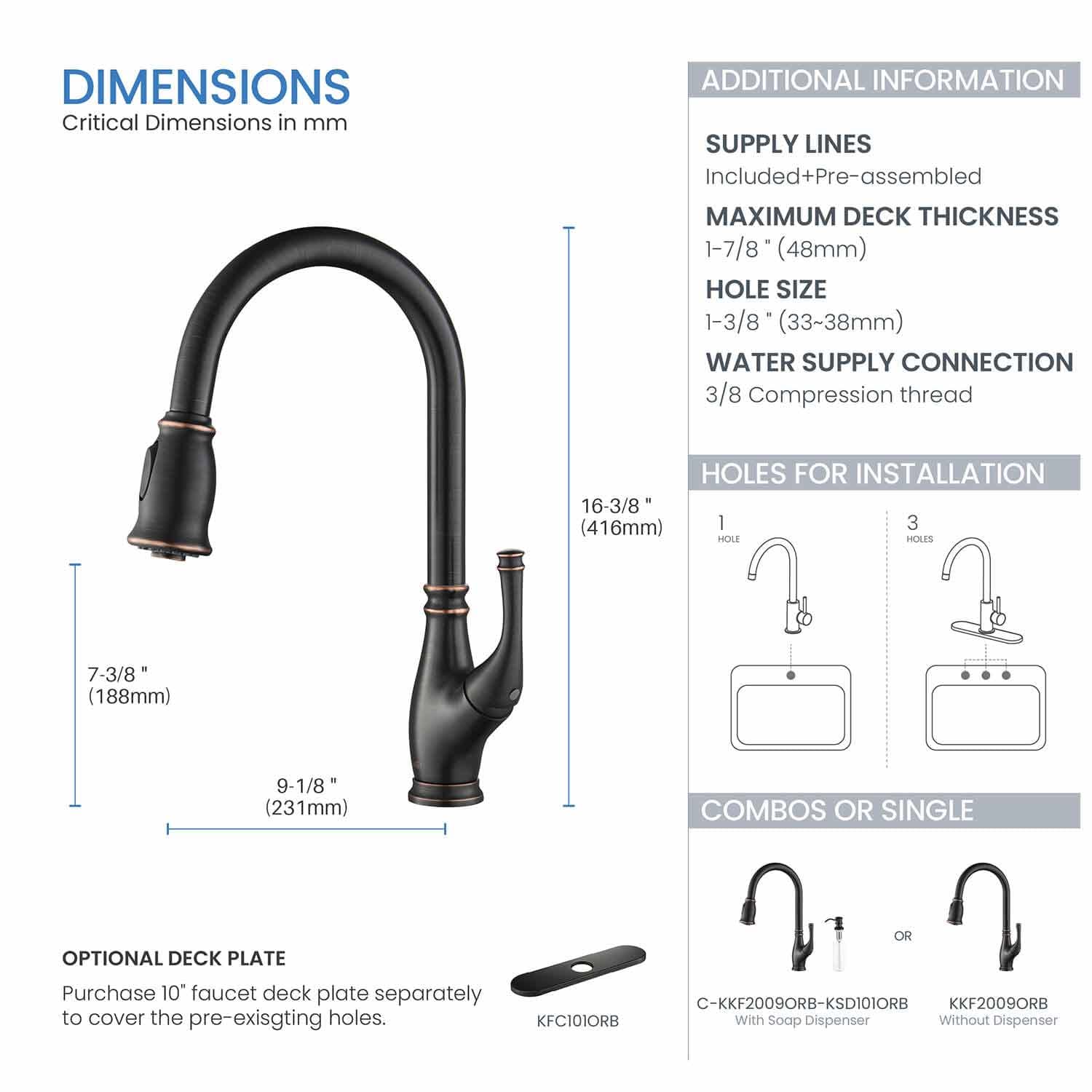 KIBI Summit Single Handle Pull Down Faucet for Kitchen Sink | Solid Brass High Arc Faucet Spout | 360 Degree Swivel Faucet with Pull Down Sprayer (Oil Rubbed Bronze)(KKF2009)(Soap Dispenser included)
