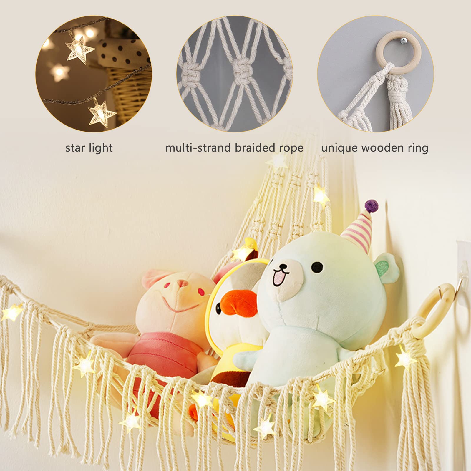 Stuffed Animal Net or Hammock With Led Light,Boho Decor Toy Hammock for Stuffed Animals with 6 Pcs Hooksand Macrame,Triangle Hanging ,Hanging Corner Toy Organizer Net for Playroom Bedroom Nursery Crib