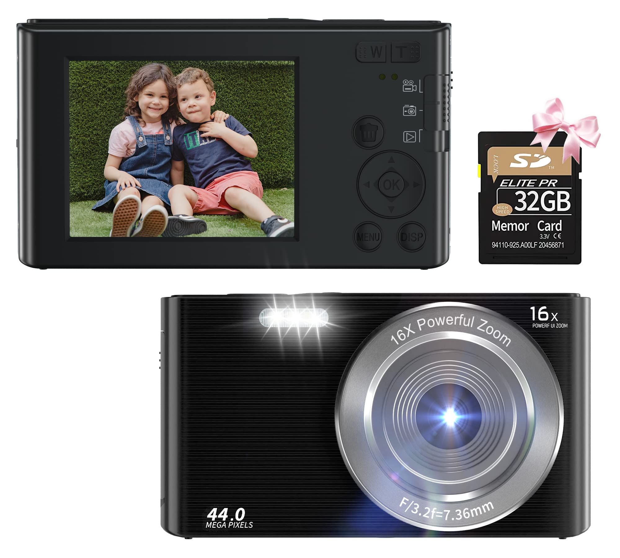 Saneen Digital Camera,2.7k 44MP Kids Camera for Girls and Boys with 16X Digital Zoom, Small & Compact Digital Camera for Kids,Teens,Beginner with 32GB Card - Black