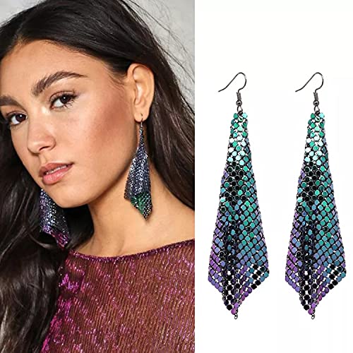 NALISASA Metal Mesh Grid Sequins Tassel Long Drop Dangle Earrings for Women Girls, Long Hook Lightweight Earrings, Disco Vintage Mesh Earrings