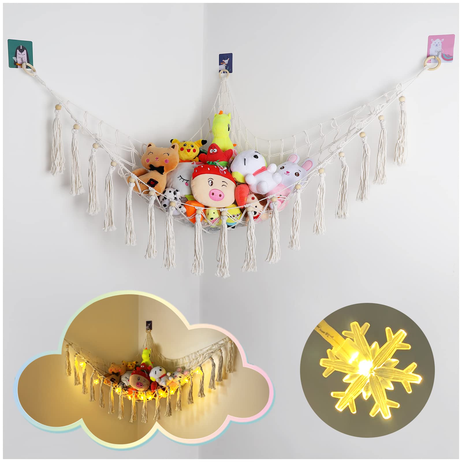 Stuffed Animal Hammock with Macrame Boho, Plush Toy Storage Net With Light, Pet Organizer Net For Corner, Hanging Net Holder for Kids Room, Bedroom Nursery Decor(Cream)