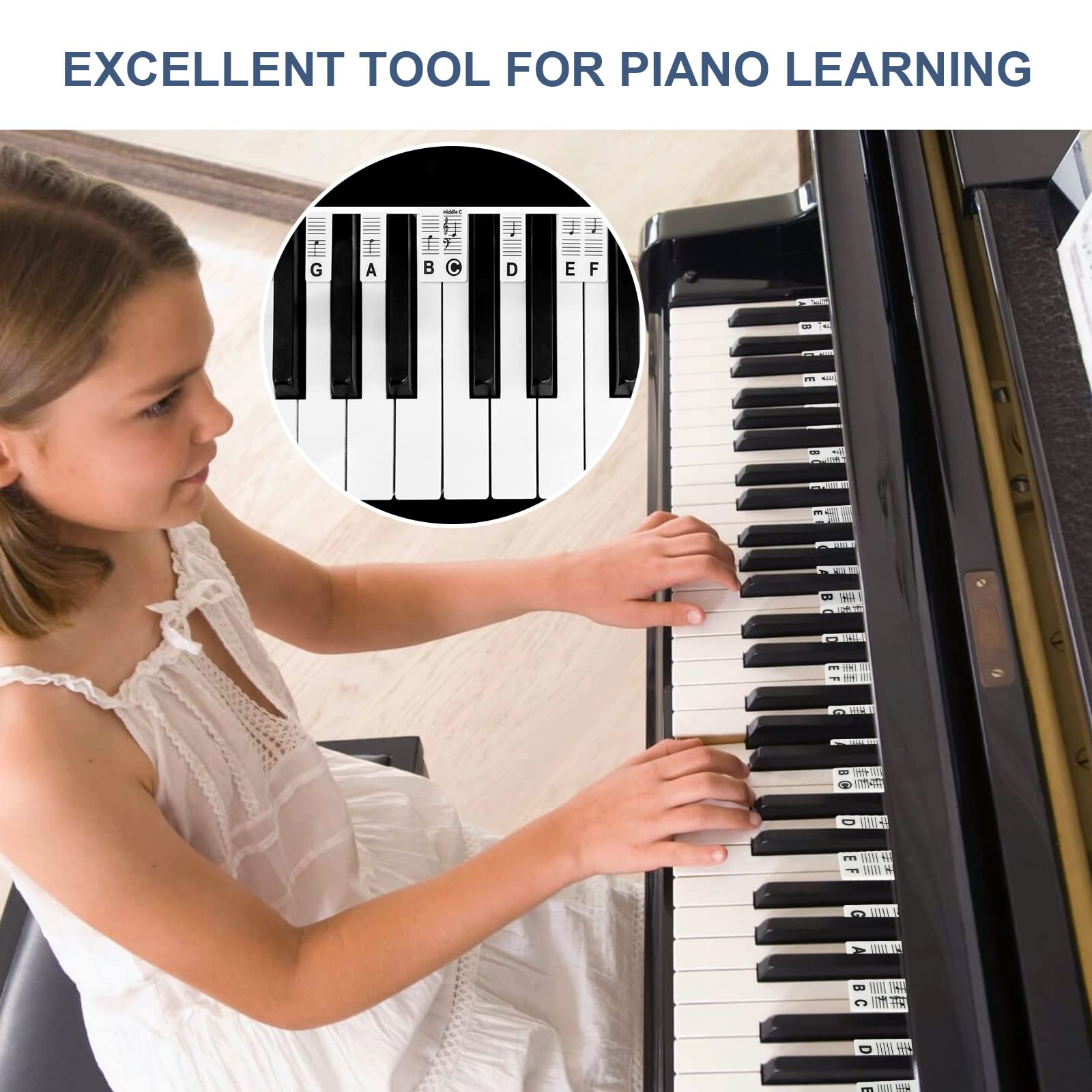 Removable Piano Keyboard Note Labels for Learning, Silicone Piano Keyboard Stickers for Beginners, 88-Key Full Size Piano Notes Guide with Box, Reusable Piano Key Music Notes Letter Label, Black