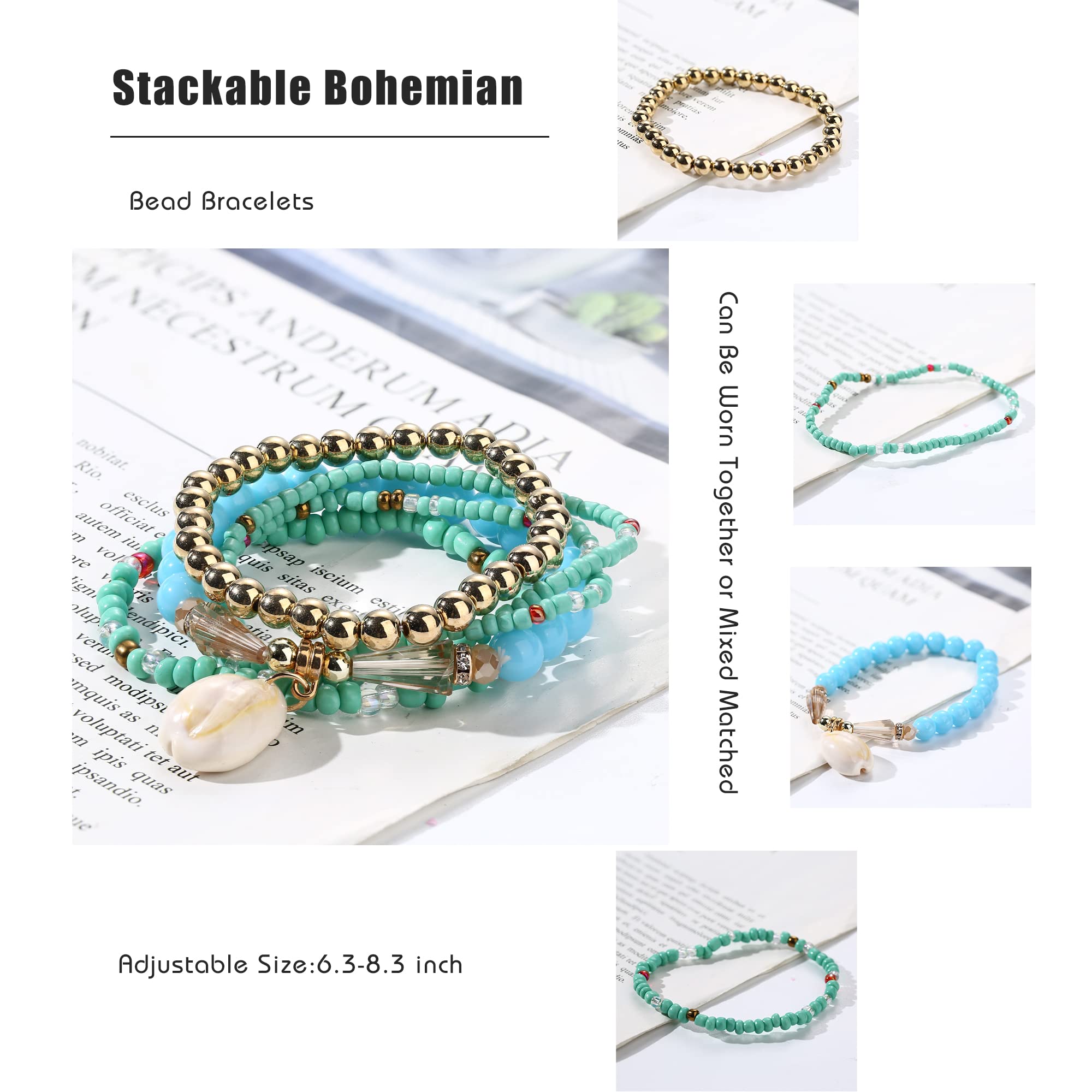 Sanfenly 6 Sets Bohemian Beaded Bracelets for Women Stretch Stackable Bracelet Set Multilayer Colorful Charms Boho Jewelry