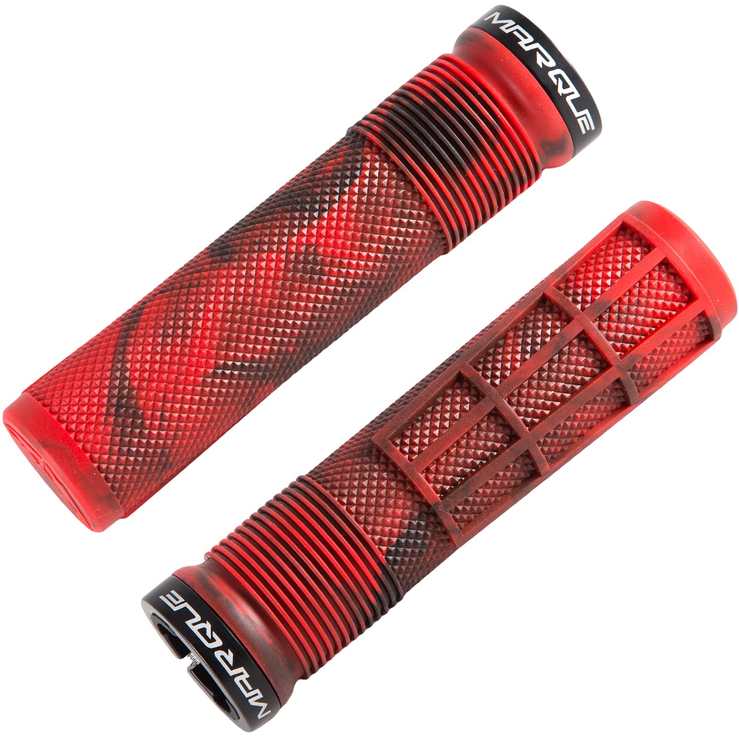 MARQUE Race Mountain Bike Handlebar Grips – Single Lock-On Ring Collar MTB and BMX Bicycle Handle Bar with Non-Slip Grip, Knurly Gritty Pattern and Half Waffle Pattern (Flame Red)