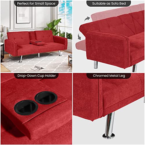 Lamerge Futon Sofa Bed,Convertible Upholstered Folding Sofa,Multi-Functional Sofa Couch for Compact Small Space,Apartment,Dorm,2 Cup Holders,72.4",Red (LFSB-R)