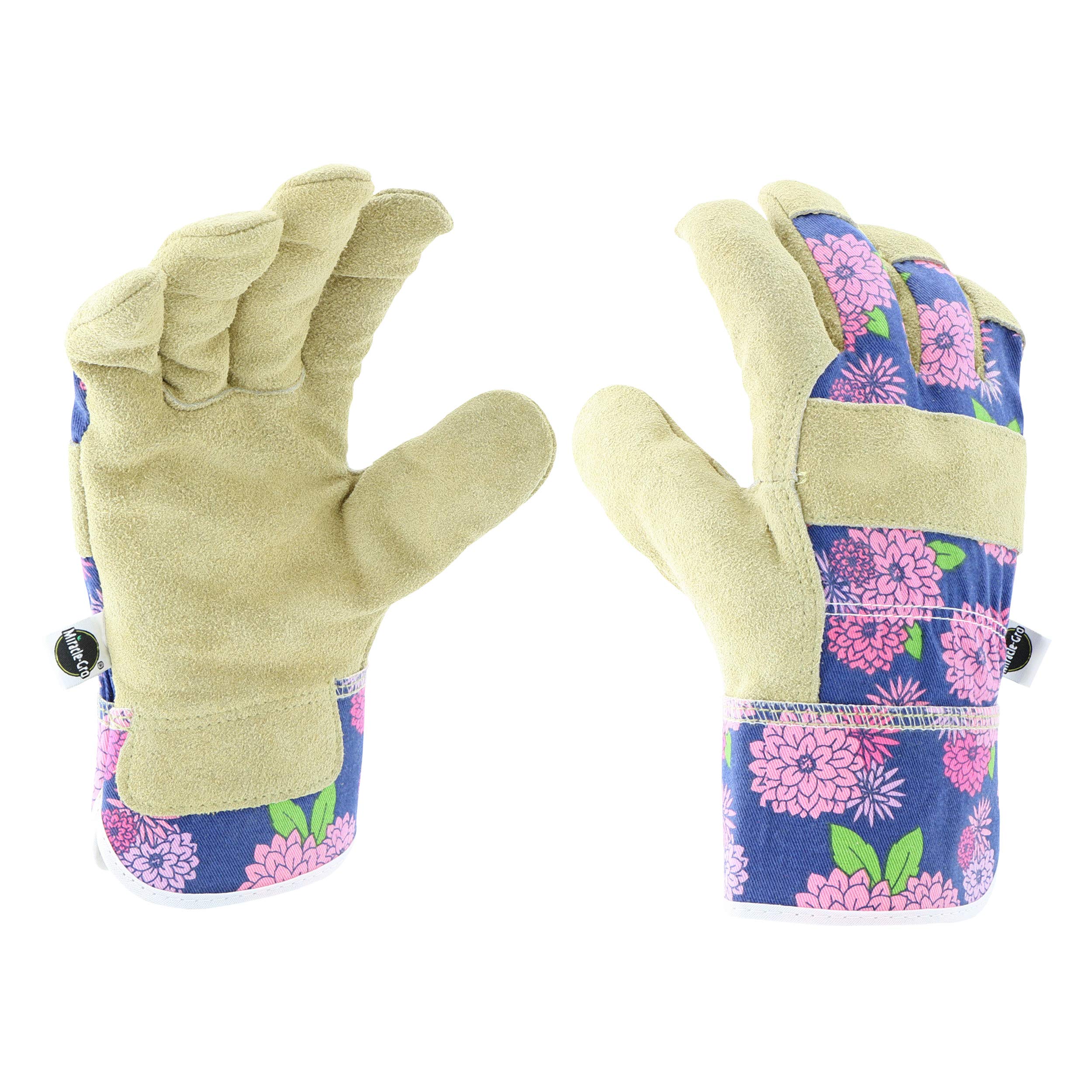 Miracle-Gro MG23012/WSM Split Cowhide Garden Gloves β Floral, Small-Medium, Canvas Back Leather Palm Gloves for Women
