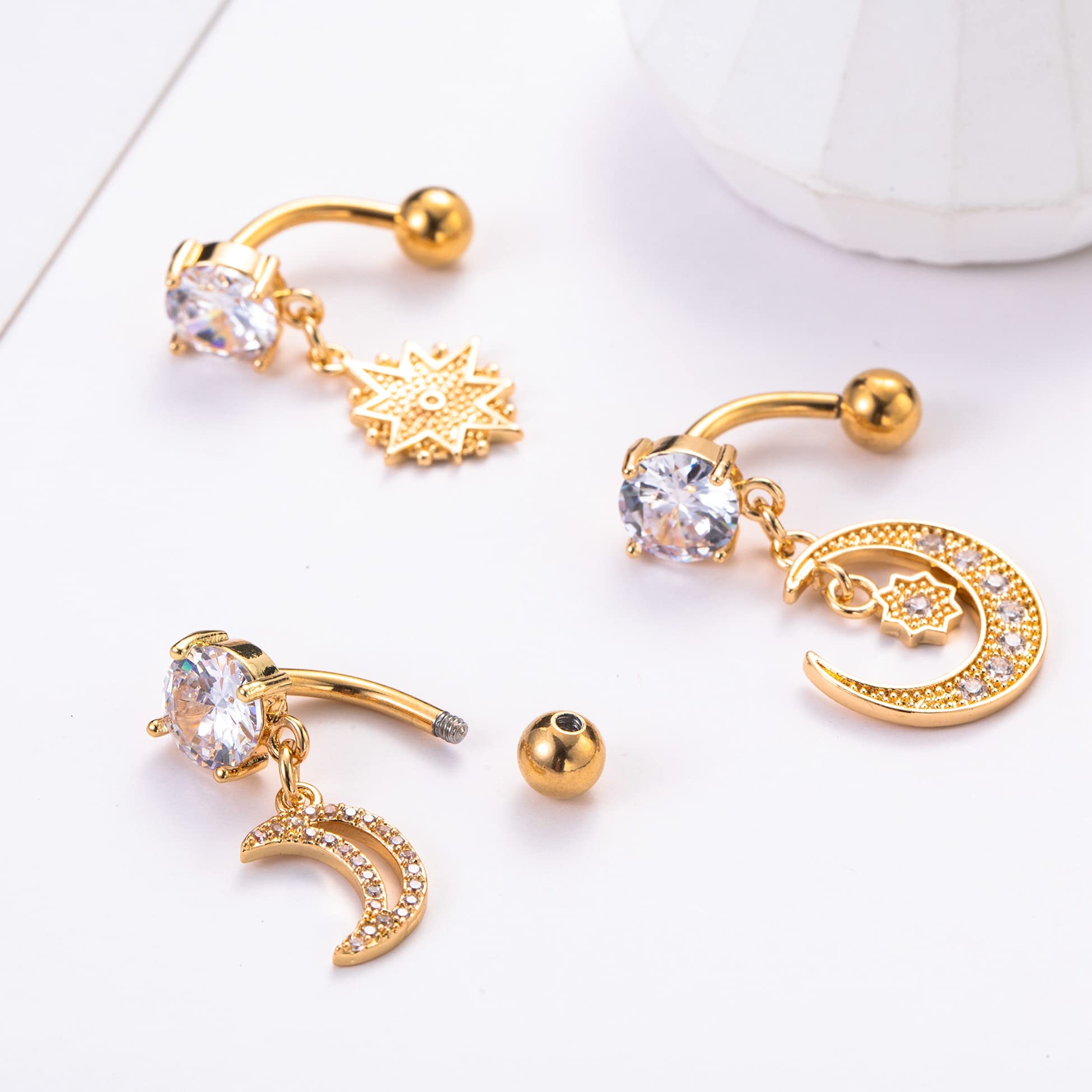 Masedy 9Pcs 14G Stainless Steel Dangle Belly Rings for Women Reverse Navel Rings Curved Barbell Body Piercing Jewelry Gold
