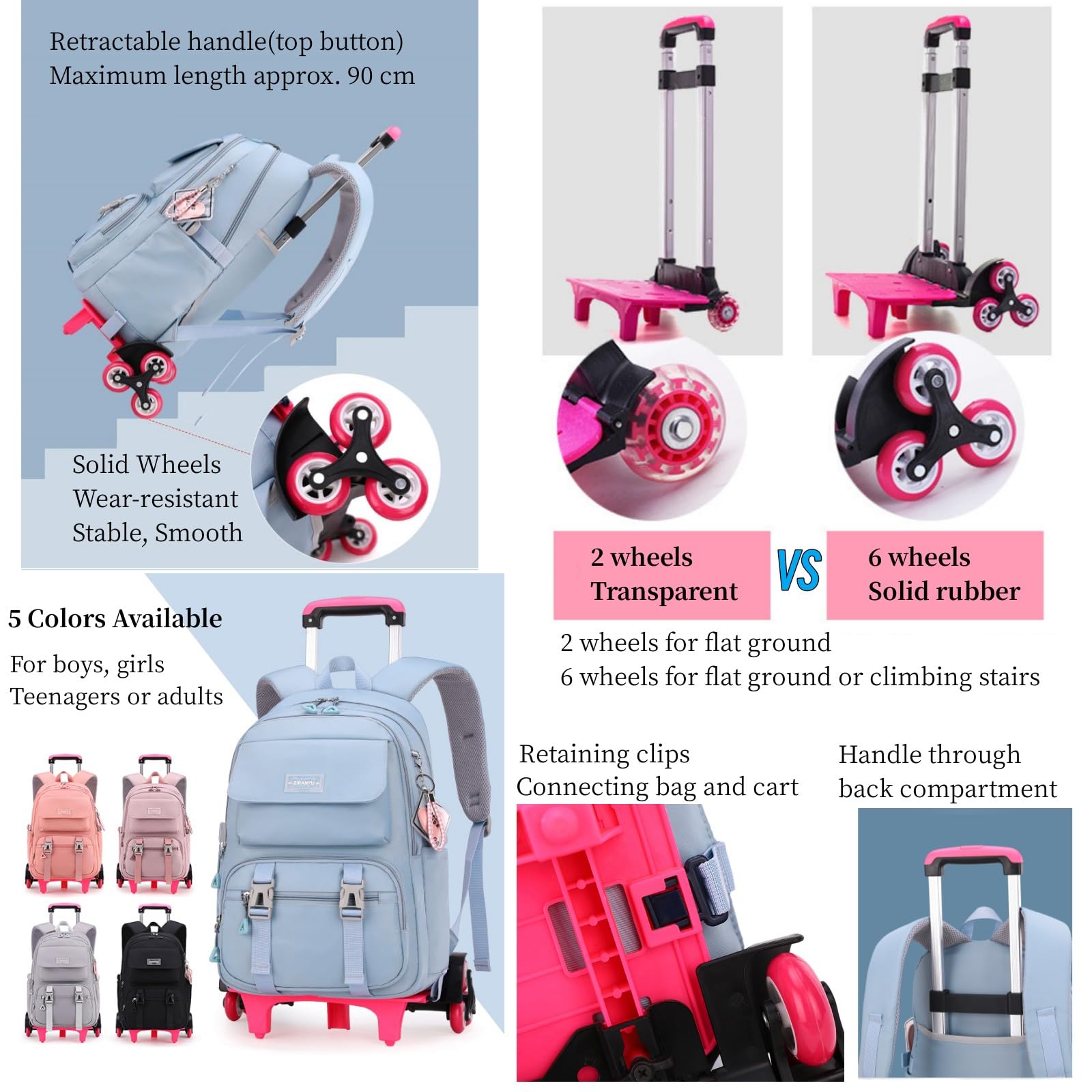 MITOWERMI Black Rolling Backpack for Boys Girls Trolley School Bags Elementary Middle Kids Bookbags with Wheels