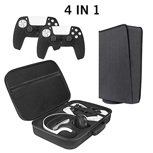 MASiKEN 4-IN-1 PS5 Accessories, Controller Skin, Console Dust Cover, Headset Carrying Case, Travel Case Fit Official 2 Controllers, Headset Pulse 3D, Remote, Bundle Waterproof, Anti Shock (Black)