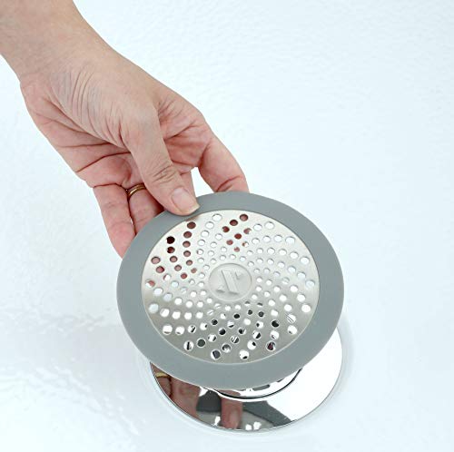 SlipX Solutions Gray Flat Drain Protector Fits Standard Shower Drains to Prevent Clogs (4.5 inch Diameter, Silicone & Stainless Steel)