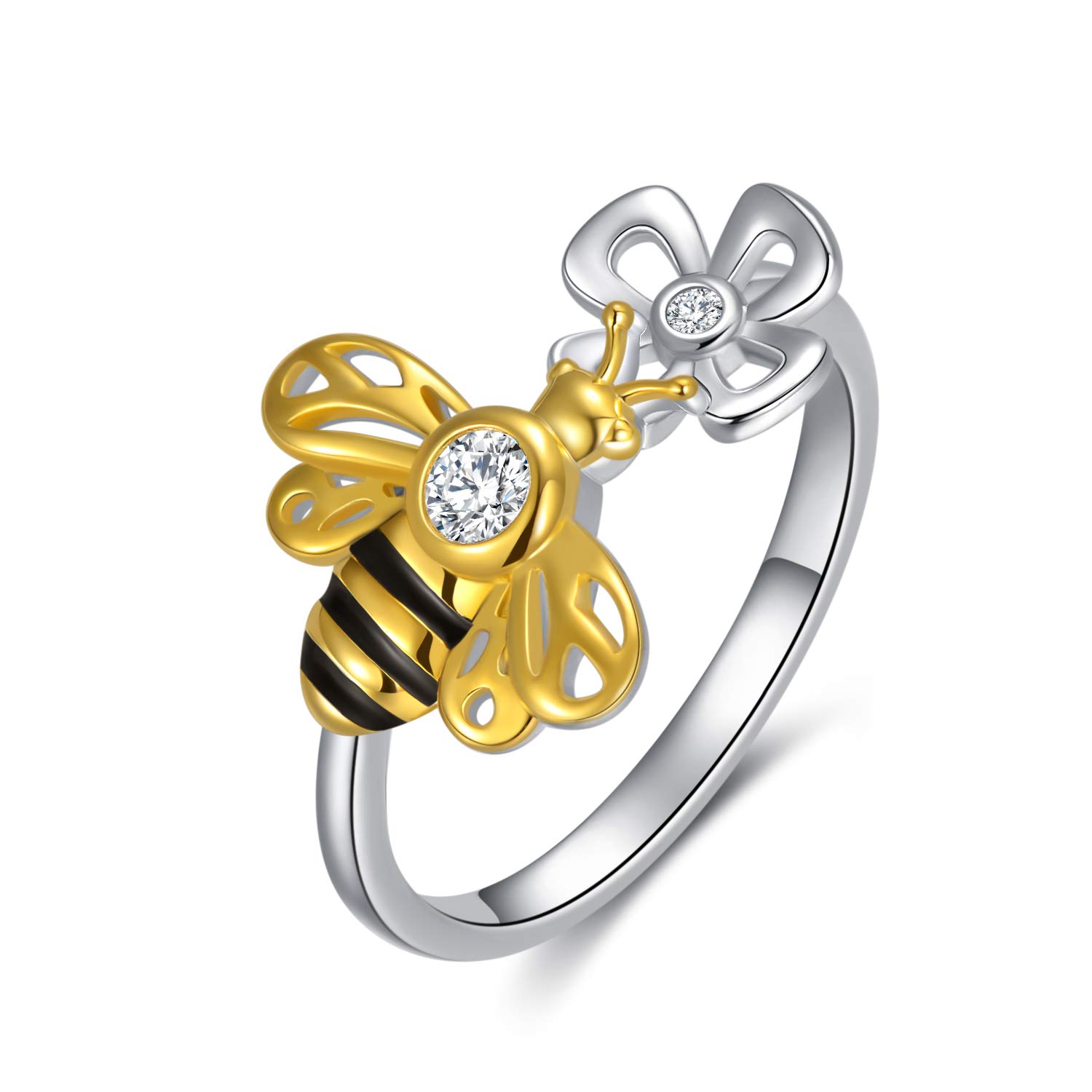 LONAGO Bee Ring with Flower 5A Cubic Zirconia Yellow Gold 925 Sterling Silver Bee Stacking Ring for Women (Size 7)