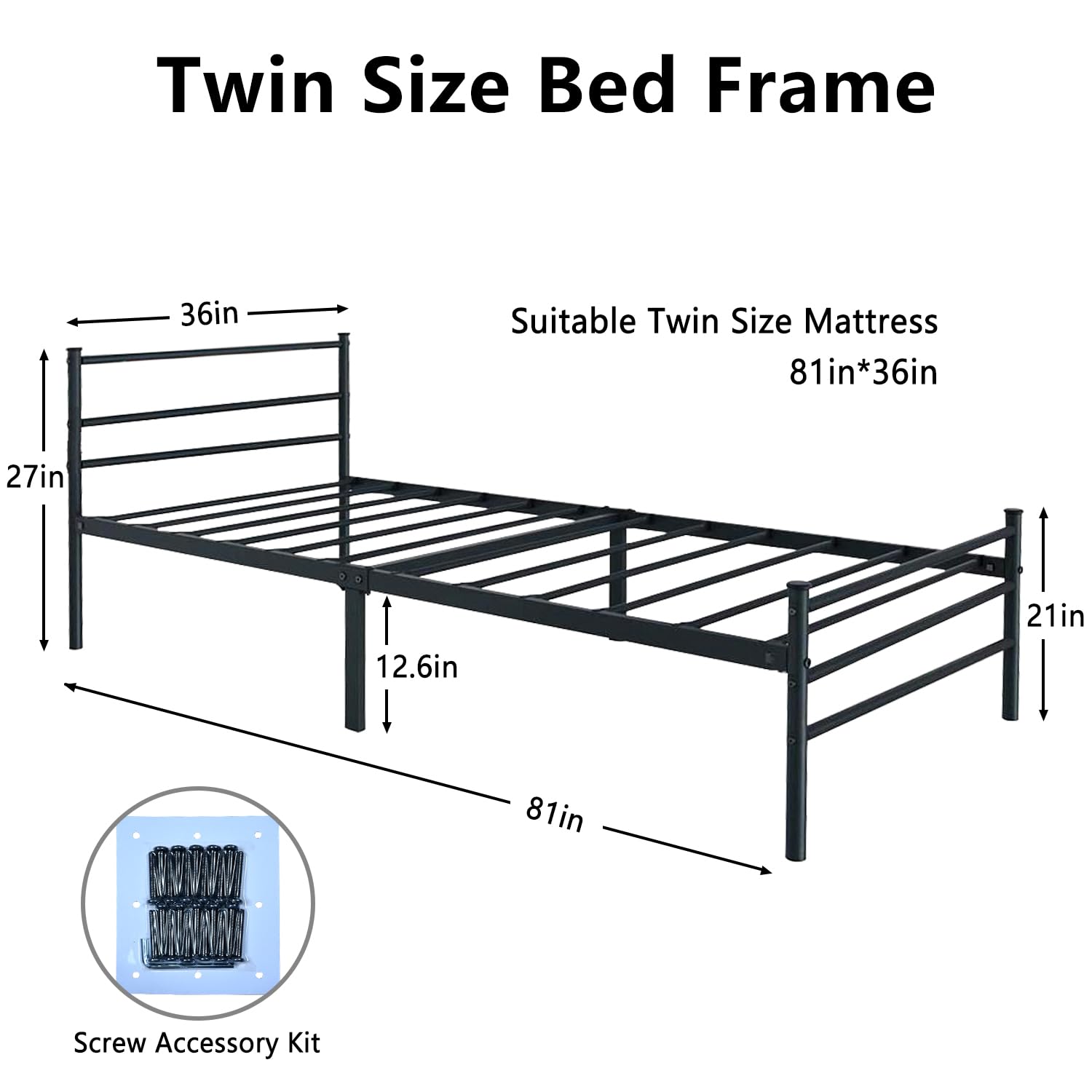 leheyhey Twin Size Bed Frame Reinforced Heavy-Duty Black Metal Bed Frame for Easy Assembly,No Box Spring Needed,Load Capacity 250kg/550lb