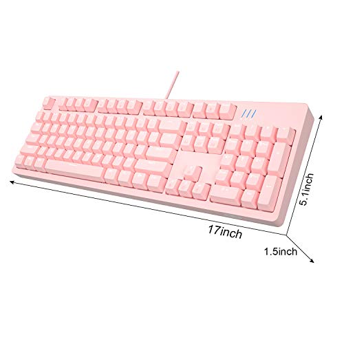 MageGee Mechanical Pink Gaming Keyboard MK-Armor LED Rainbow Backlit and Wired USB 104 Keys Keyboard with Blue Switches, for Windows PC Laptop Game(Pink&White)