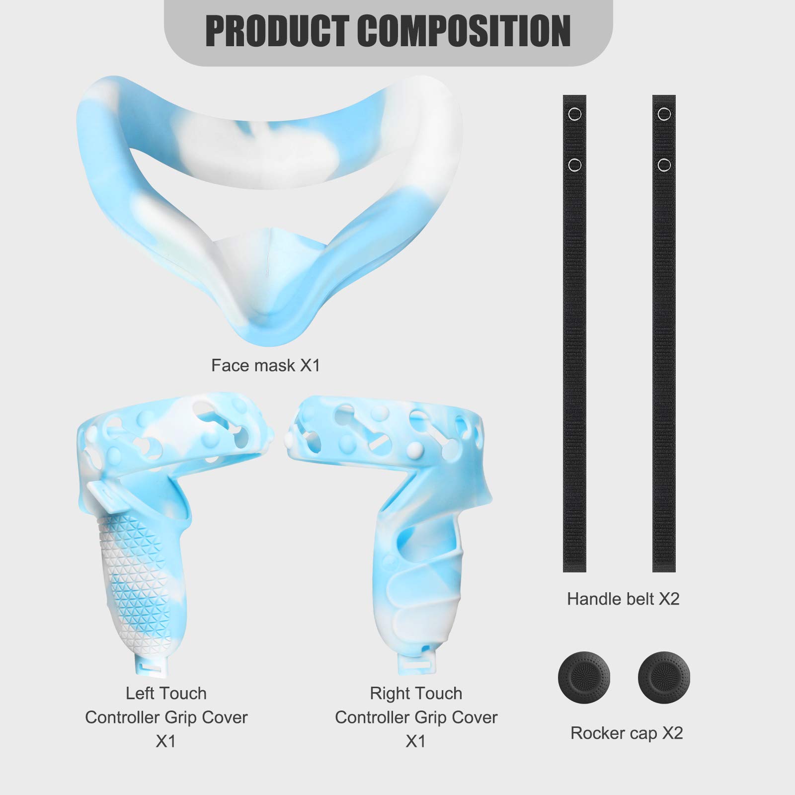 MASiKEN Controller Grips Cover with Face Cover Compatible for Meta Oculus Quest 2, Anti-Throw Grips Cover with Adjustable Wrist Strap and Sweatproof Silicone Face Pad, Quest 2 Accessories Kit (Blue)
