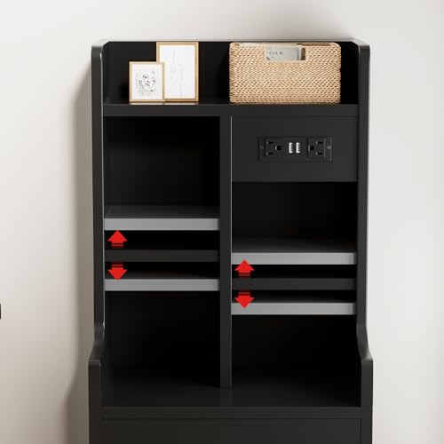 YESHOMY Tall Nightstand with Charging Station, Bedside Table with Open Bookshelf, Endtable with 3 Drawers, for Bedroom,Study, 48" Height, Dark Black