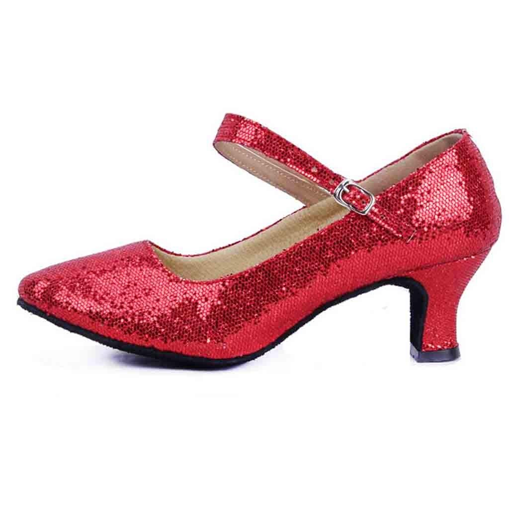 Mid-High Heels Glitter Dance Shoes Women Ballroom Latin Tango Dance Shoes Dance Heel (Red, 6)