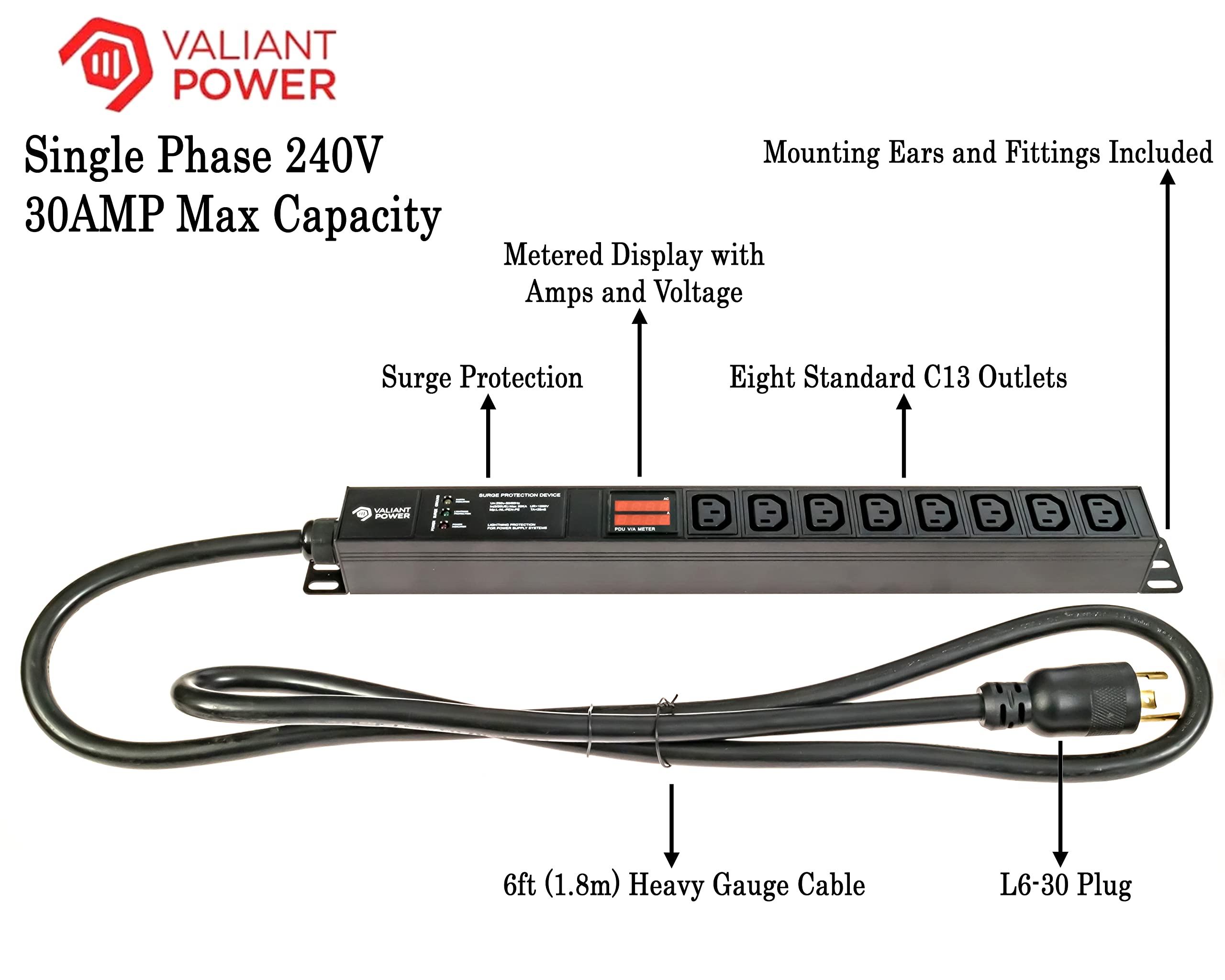 Valiant Power, Metered, Surge Protection, Rack Mount PDU, Basic 208-230-240-250v/30A, L6-30P Input, (8-C13) Outlets, 1U Horizontal Rackmount (C13) 3 Year Warranty, Crypto Mining