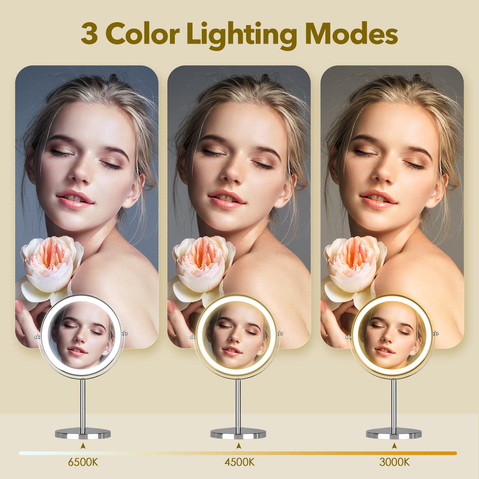 WEYEXECE Rechargeable 8 inch Lighted Makeup Mirror, 3 Colors 1X/10X Table Vanity Mirror with 360° Rotation Touch Screen, LED Dimmable Desk Lit Cosmetic Magnifying Mirror Chrome