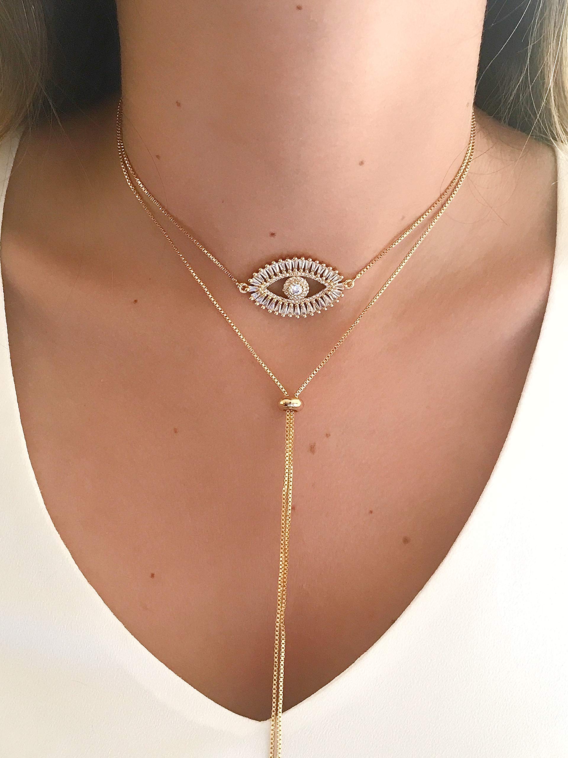 LESLIE BOULES Gold Evil Eye Lariat Necklace for Women 18K Gold Plated Sliding Adjustable Chain Choker Jewelry