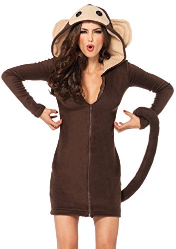 Leg Avenue Cozy Monkey Hooded Fleece Dress with Tail-Cute Halloween Costume Onesie for Women, Brown, Large