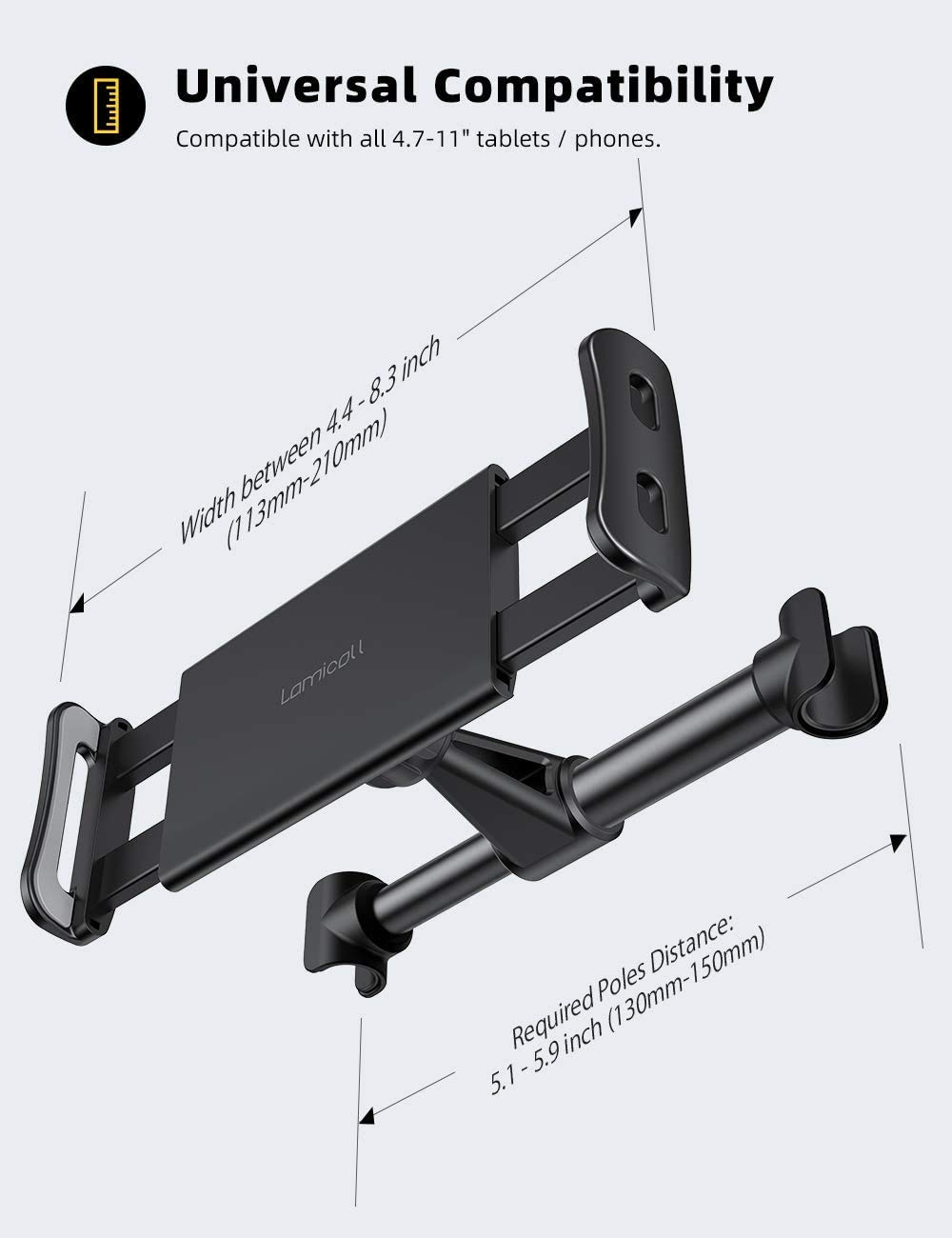 Lamicall Car Headrest Mount, Tablet Headrest Holder - Stand Cradle Compatible with iPad Pro Air Mini, Galaxy Tabs, Other 4.7-10.5" Cellphones and Tablets - Black