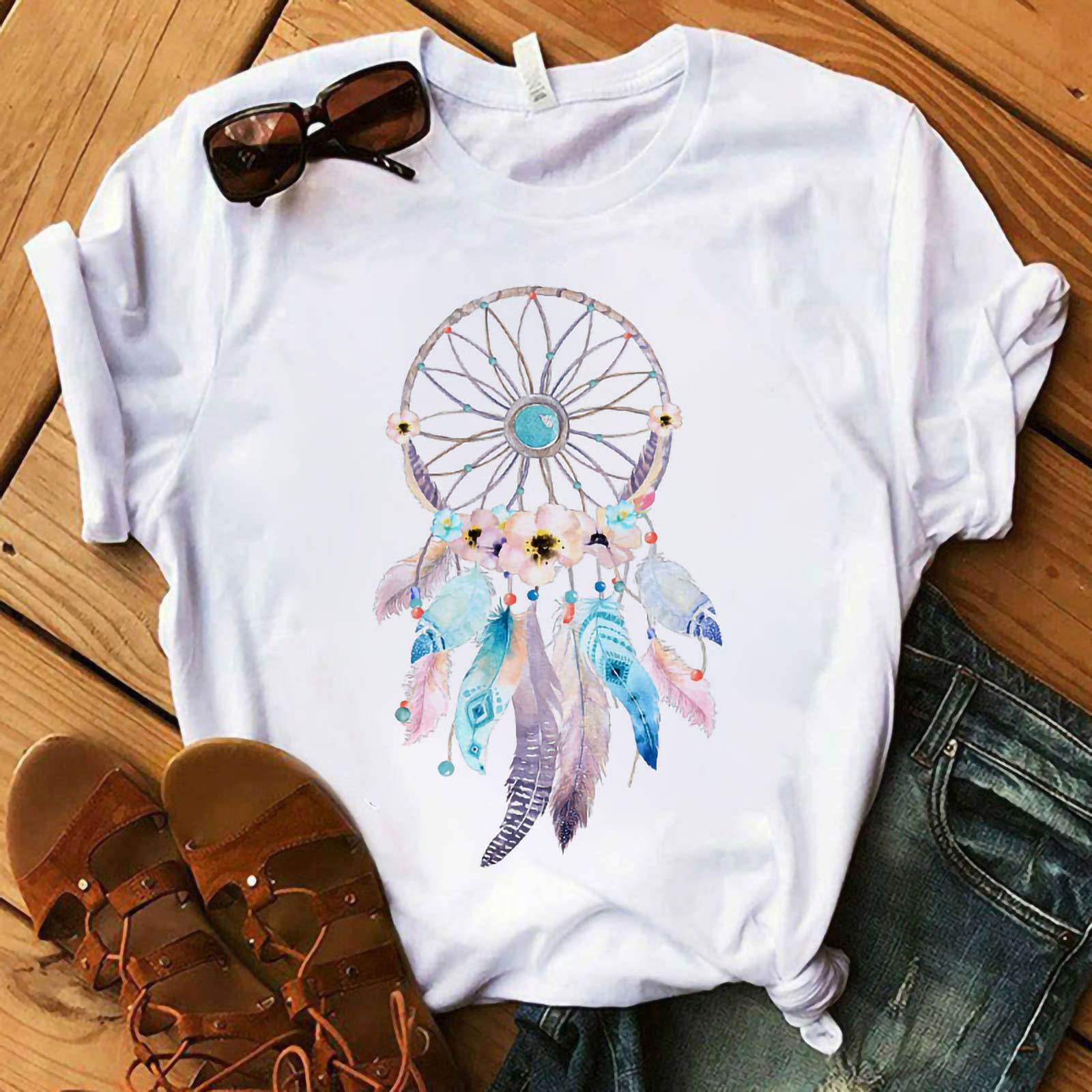 Shirt for Women Simple Casual Boho Dreamcatcher Graphic T-Shirt Short Sleeve Summer Top Trendy Indian Blouses